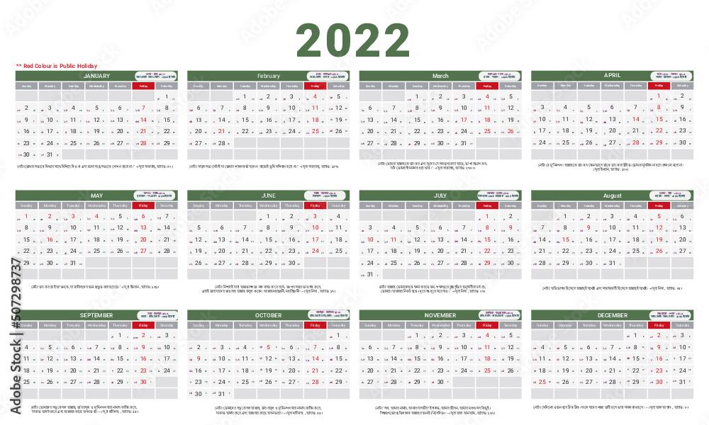 Vettoriale Stock calendar for 2022 . Bangla , English and Arabic ...