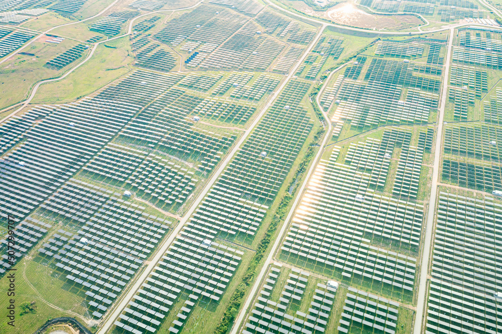 Solar farm, field or solar power plant in aerial view consist of ...