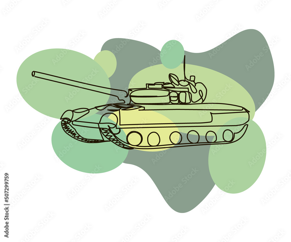 Battle tank on a camouflage background continuous line drawing. One ...