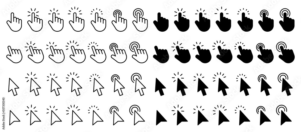 Set of computer mouse click cursor gray arrow icons and loading icons ...