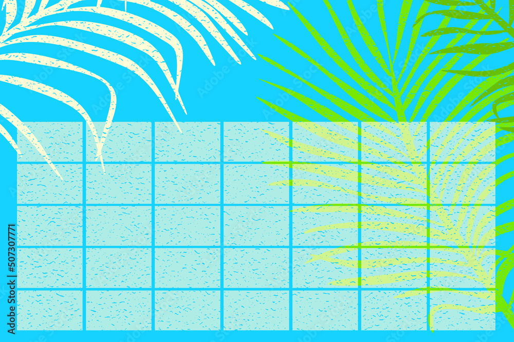 Summer calendar tamplate with palm leaves on blue background. Summer ...