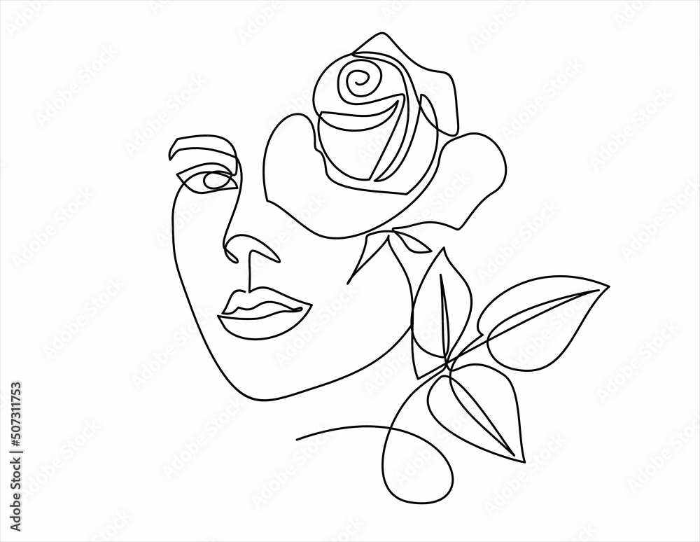 Woman Face Continuous One Line Vector Drawing Style Templates With