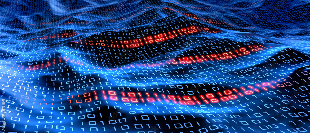 Waves in a blue matrix code structure with red dangerous code lines ...