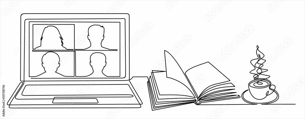 Continuous one line drawing of laptop on the desk with some people on ...