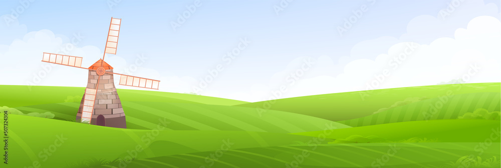 Vector cartoon landscape, seasons hills, grass field, farm background ...