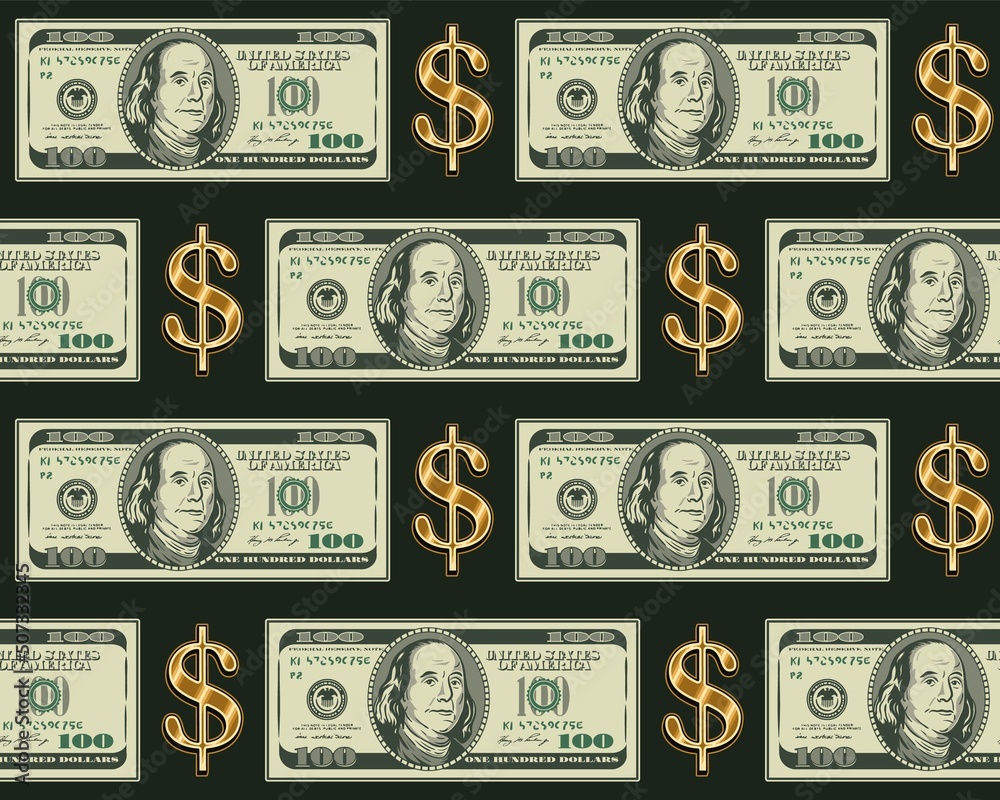 Seamless pattern with horizontal align 100 dollar banknotes, gold ...