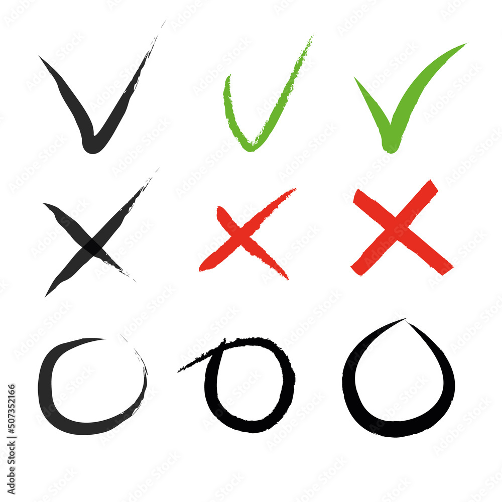 Set of simple check mark: green tick and red cross. Round and square, with sharp and rounded ...
