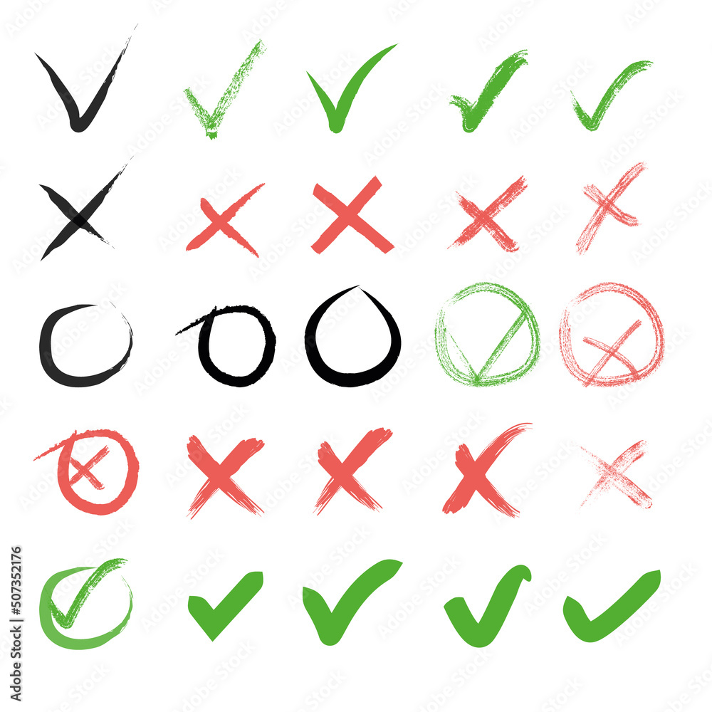 Set of simple check mark: green tick and red cross. Round and square, with sharp and rounded ...