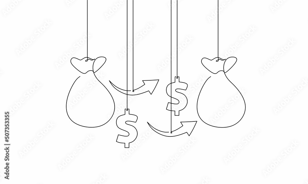 Continuous line drawing of arrow up with dollar bill and money bag ...