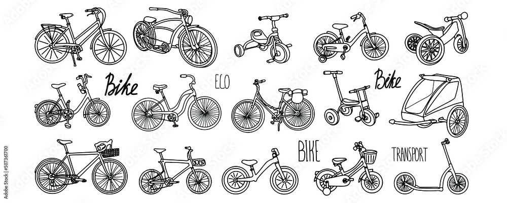 Bicycle doodle set with kid, male, female bike. Eco transport ...