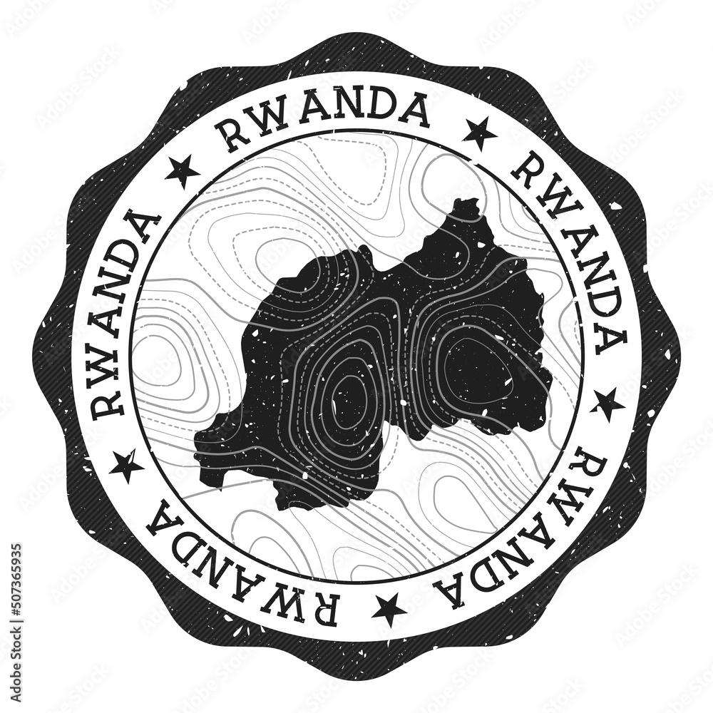 Rwanda outdoor stamp. Round sticker with map of country with ...