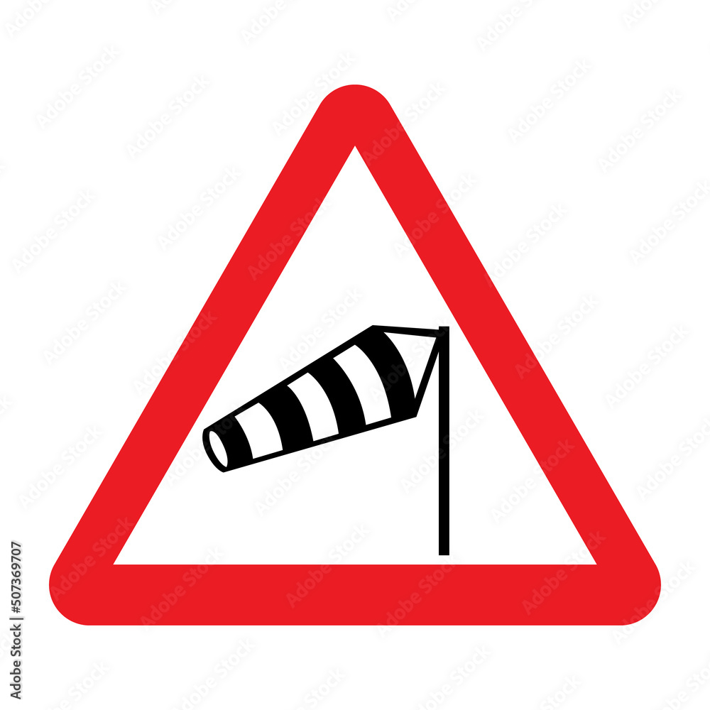 Crosswind warning sign. Vector illustration of red triangle sign with ...