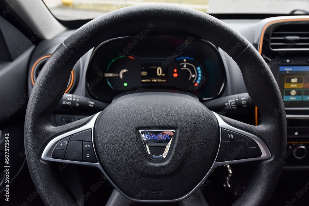 Dacia Spring. A small electric car in the city. Cabin interior - 01-19 ...