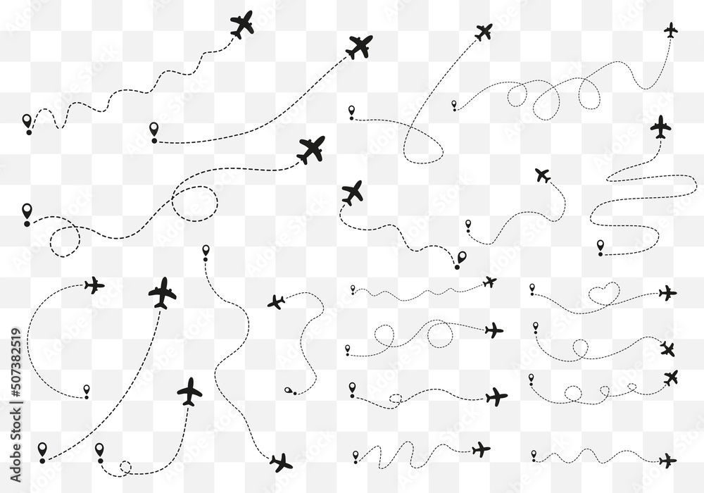Airplane routes on transparent background. Romantic travel concept ...