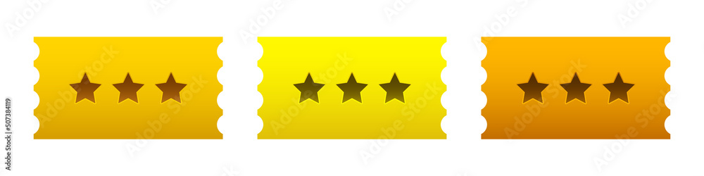 Cartoon yellow ticket with three stars. Vector set isolated on white ...