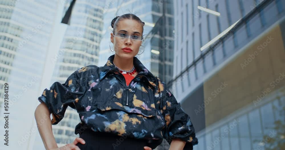 Urban style seductive girl wearing colored jacket and cool futuristic ...