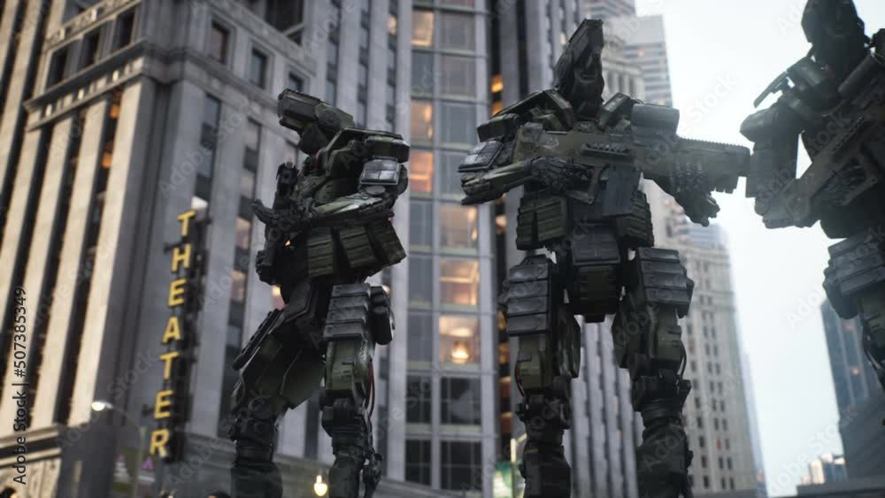 Cyborg guards on the guard of law and order in a modern city. A ...