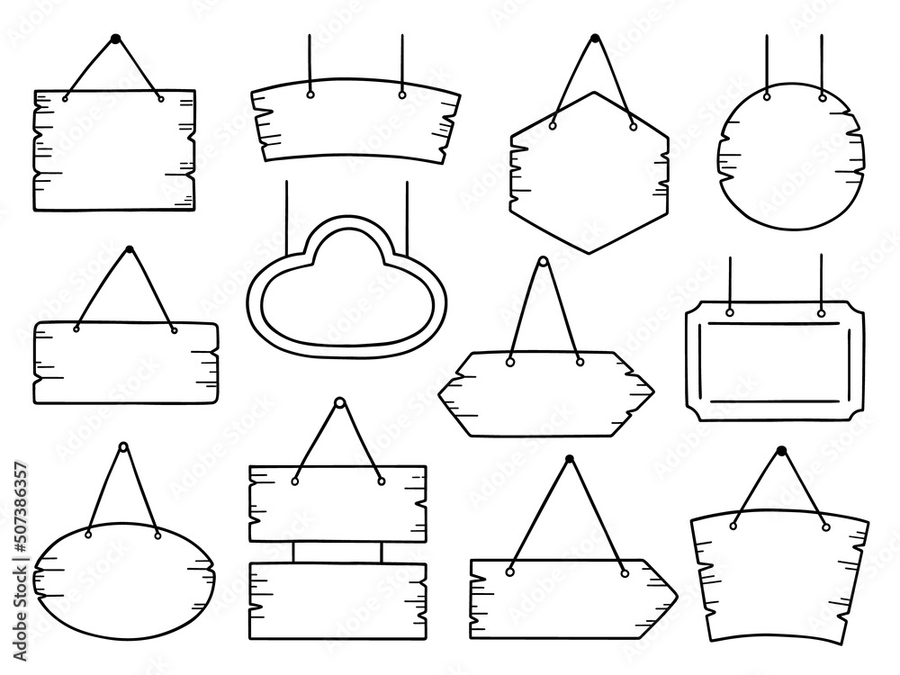 Hand drawn set of wooden signboards doodle. Hanging door sign or frame ...