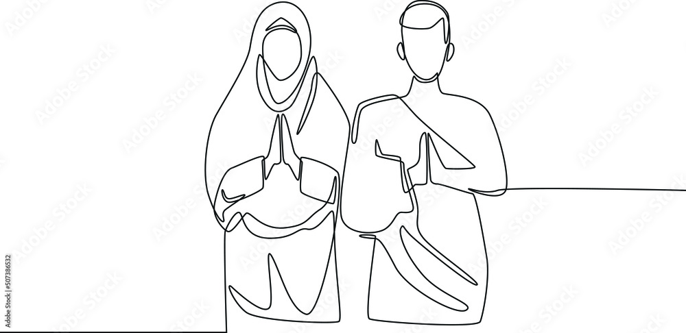Continuous one line drawing A husband and wife give greetings when ...