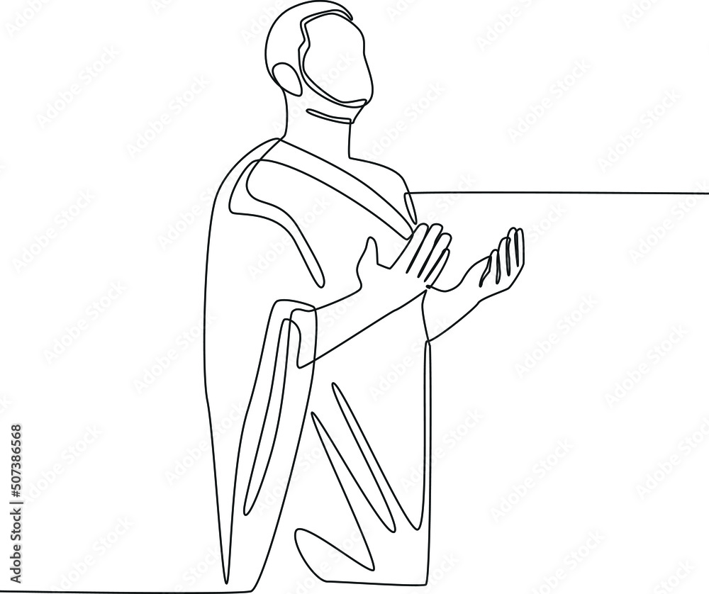 Continuous one line drawing a muslims in ihram praying to god with ...
