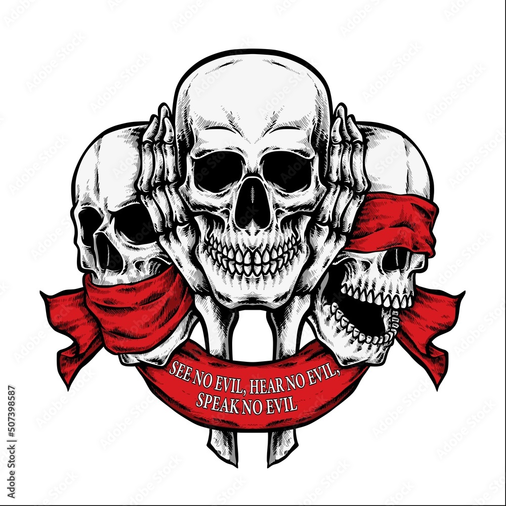 3 wise monkey skull vector illustration Stock Vector | Adobe Stock