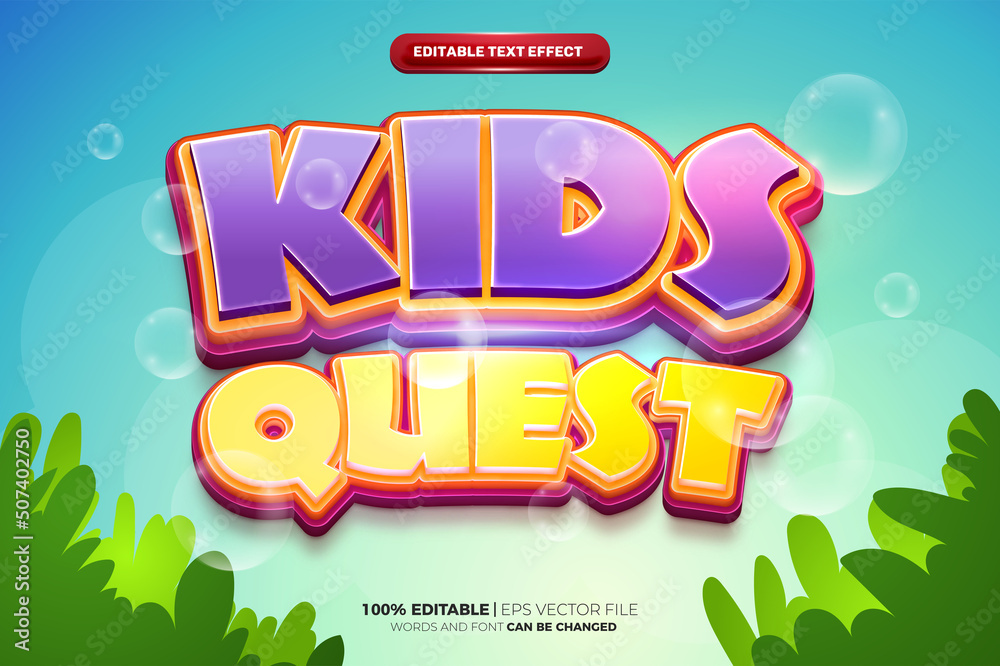 kids quest cartoon comic 3D logo mock up template Editable text Effect ...