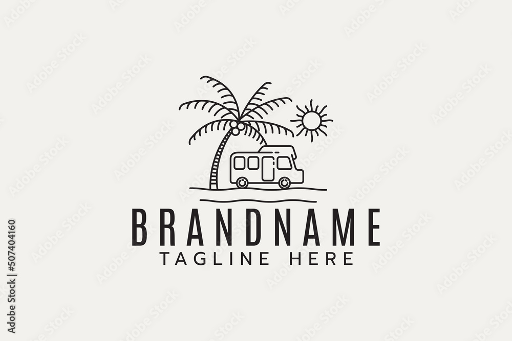 summer camp logo with a combination of a camper van, palm, sun and ...