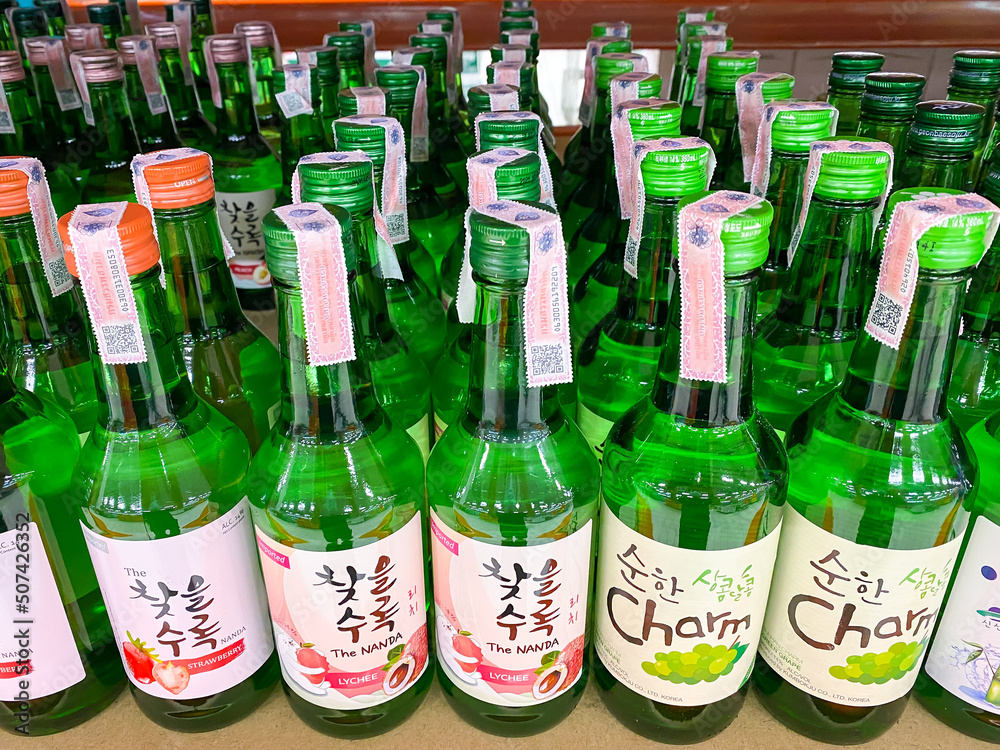 Bangkok Thailand - 28 May 2022: Many bottles of Soju on shelf for sale ...