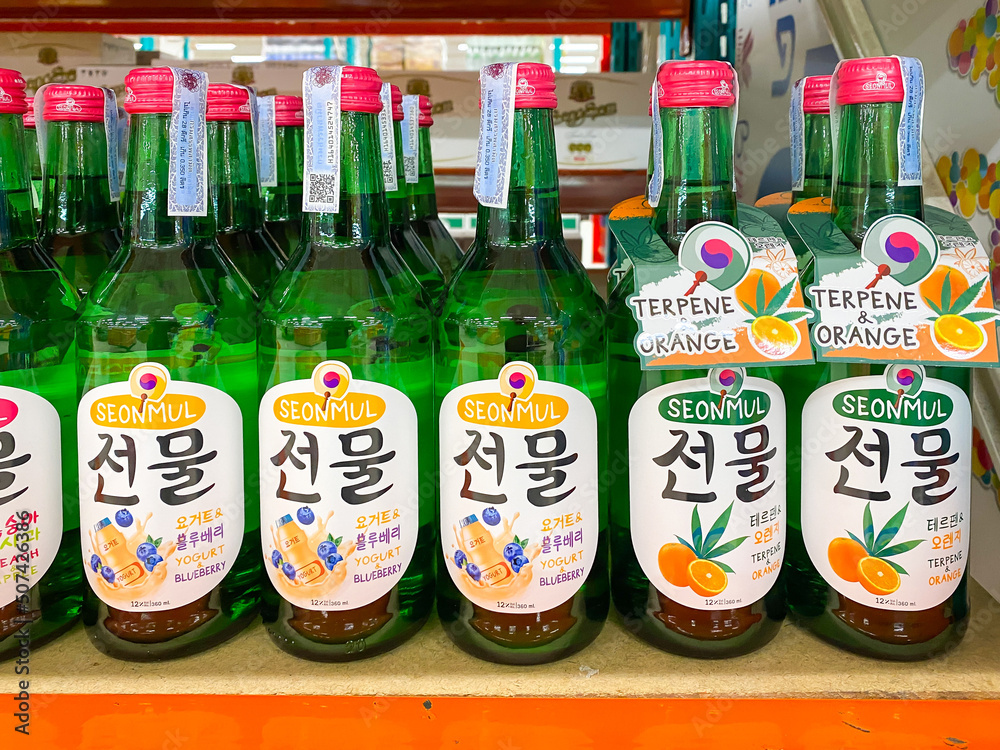 Bangkok Thailand - 28 May 2022: Many bottles of Soju on shelf for sale ...