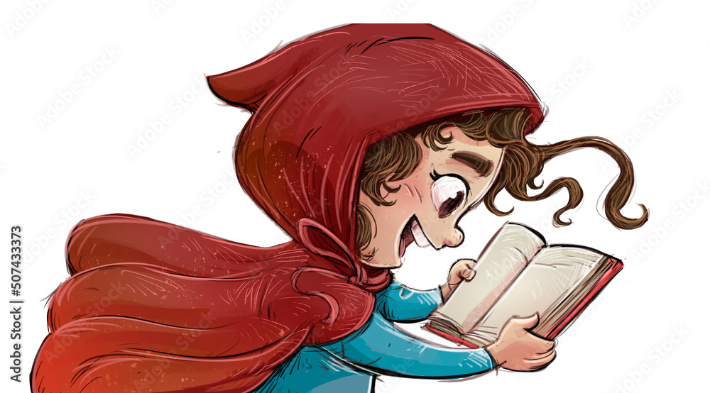 illustration of little red riding hood reading a happy book Stock ...