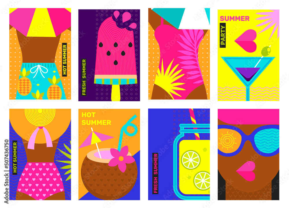 Summer flyers, posters. Design template with summertime symbols for ...