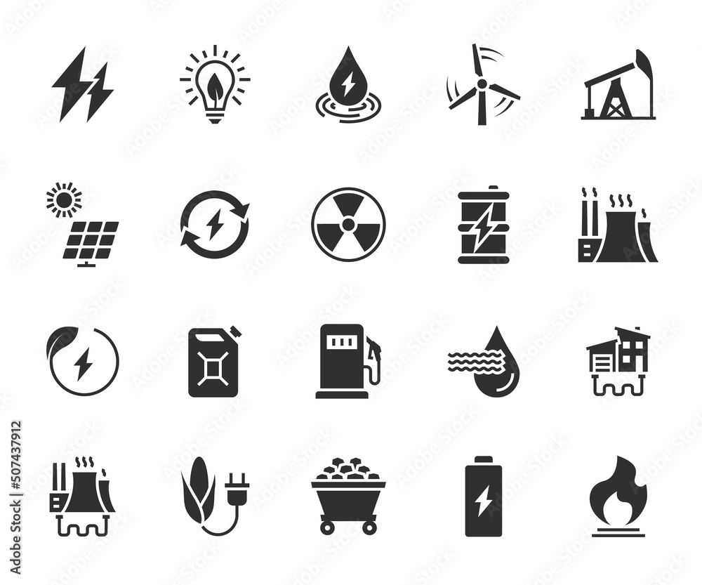 Vector set of energy flat icons. Contains icons hydroelectricity, solar ...
