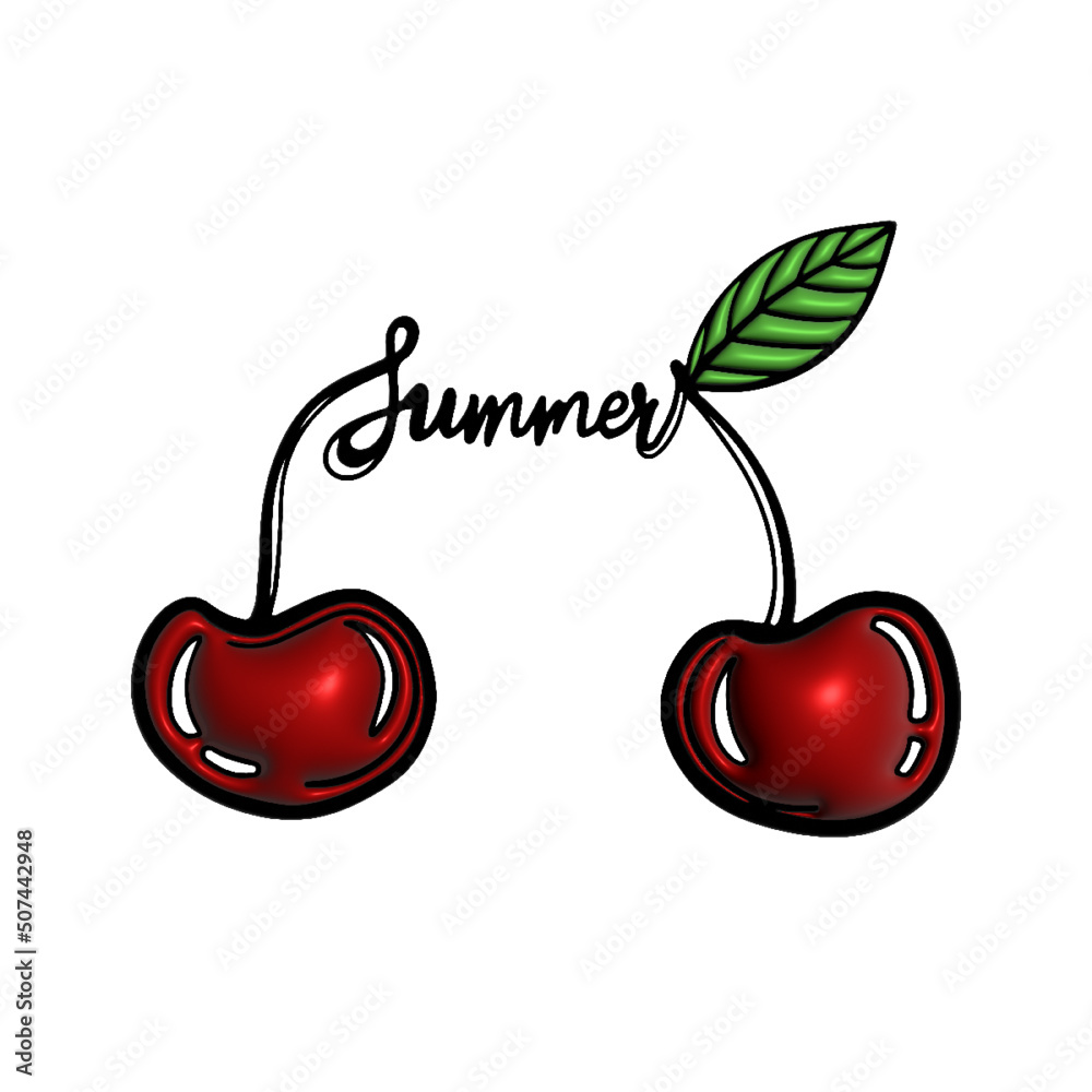Red 3D vector summer Cherries. Hand drawn juicy cherry with summer text ...