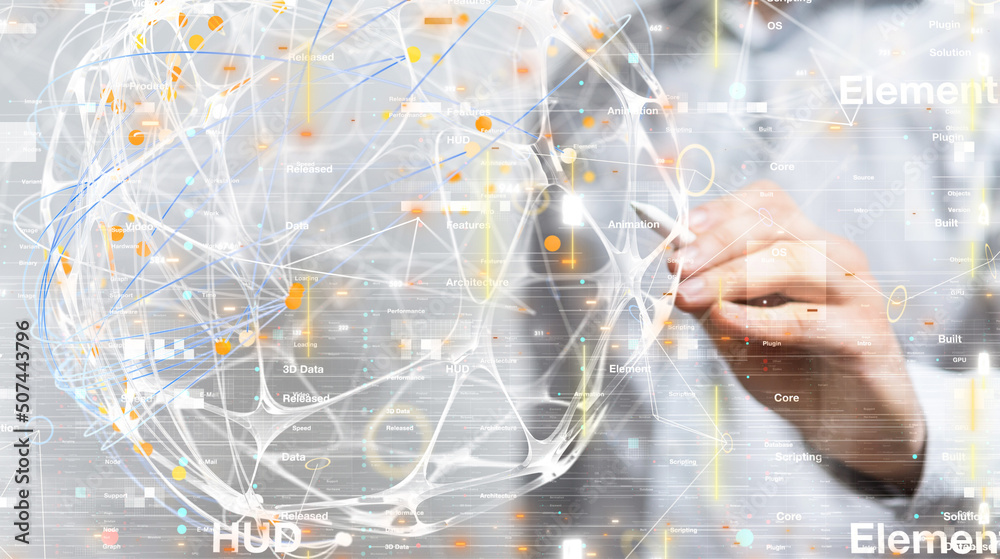 Global network. Blockchain. 3D illustration. Neural networks and ...