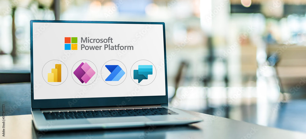 Laptop computer displaying icons of Microsoft Power Platform Stock ...