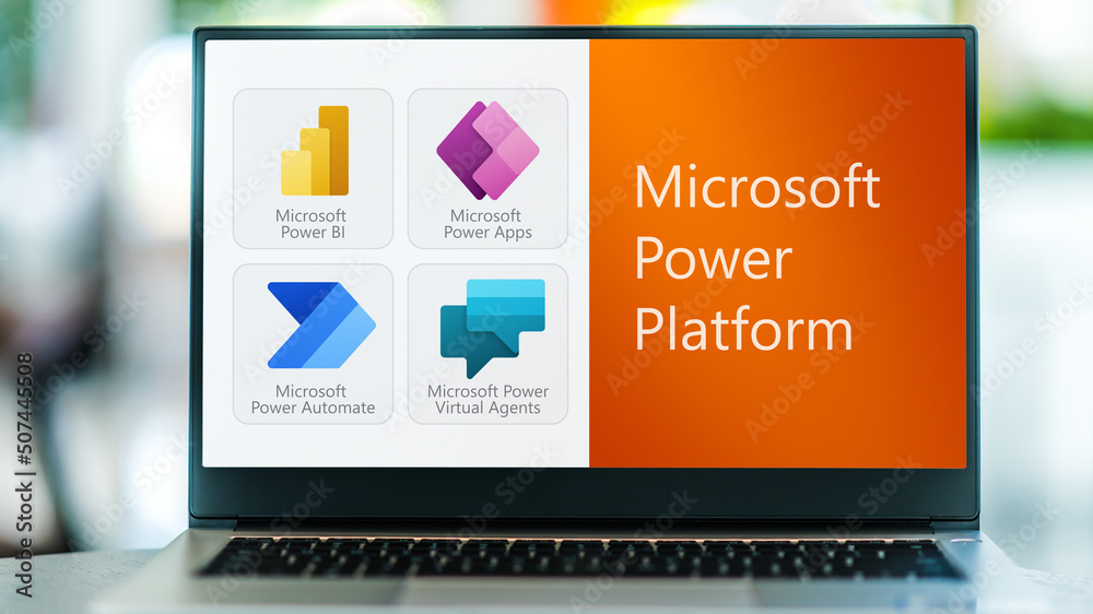 Laptop computer displaying icons of Microsoft Power Platform Stock ...