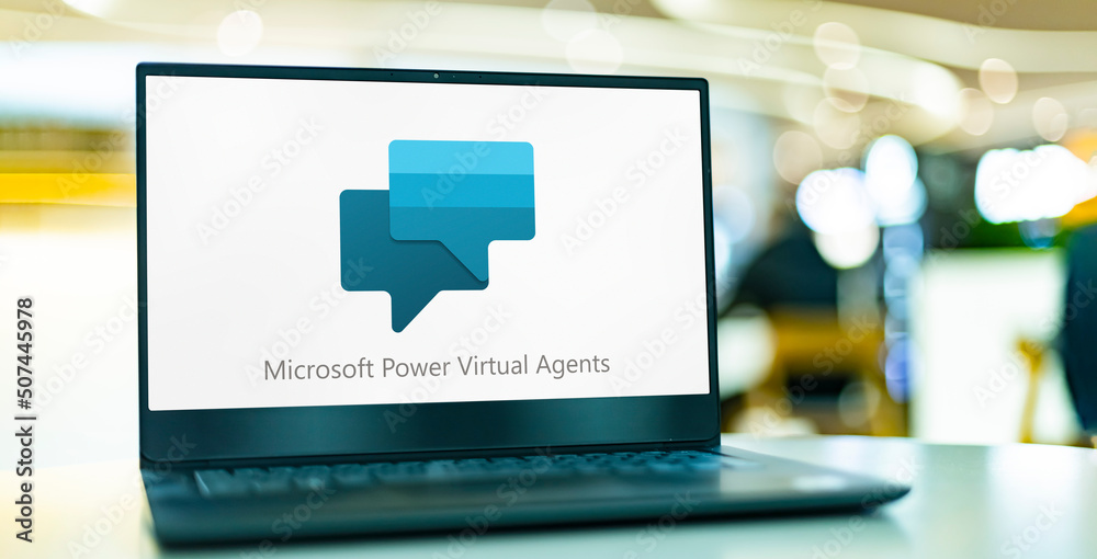 Laptop computer displaying logo of Microsoft Power Virtual Agent Stock ...