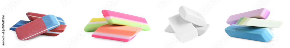 Collage of rubber erasers on white background. Banner design Stock ...