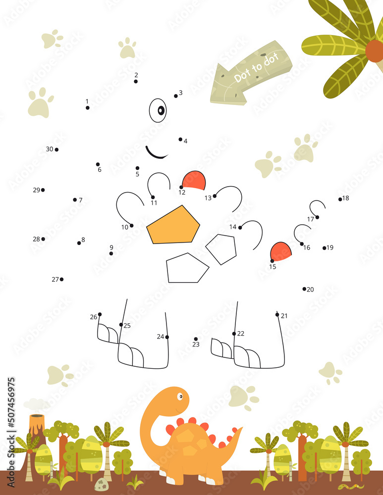 Dinosaurs activities for kids. Dot to dot game – red dinosaur. Numbers ...