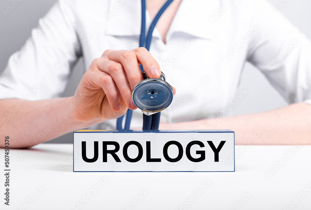 Urology concept. Urologist with stethoscope in hand treating patient ...