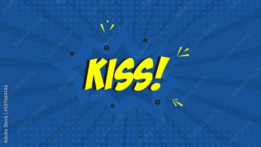 A comic strip cartoon animation, with the word Kiss appearing. Blue and ...