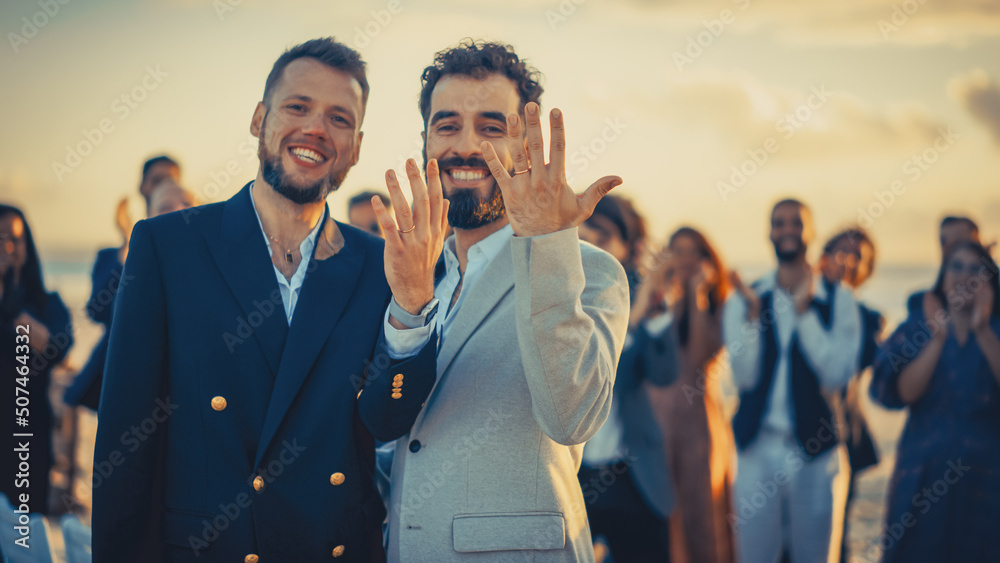 Portrait of a Happy Just Married Handsome Gay Couple Kissing, Showing ...