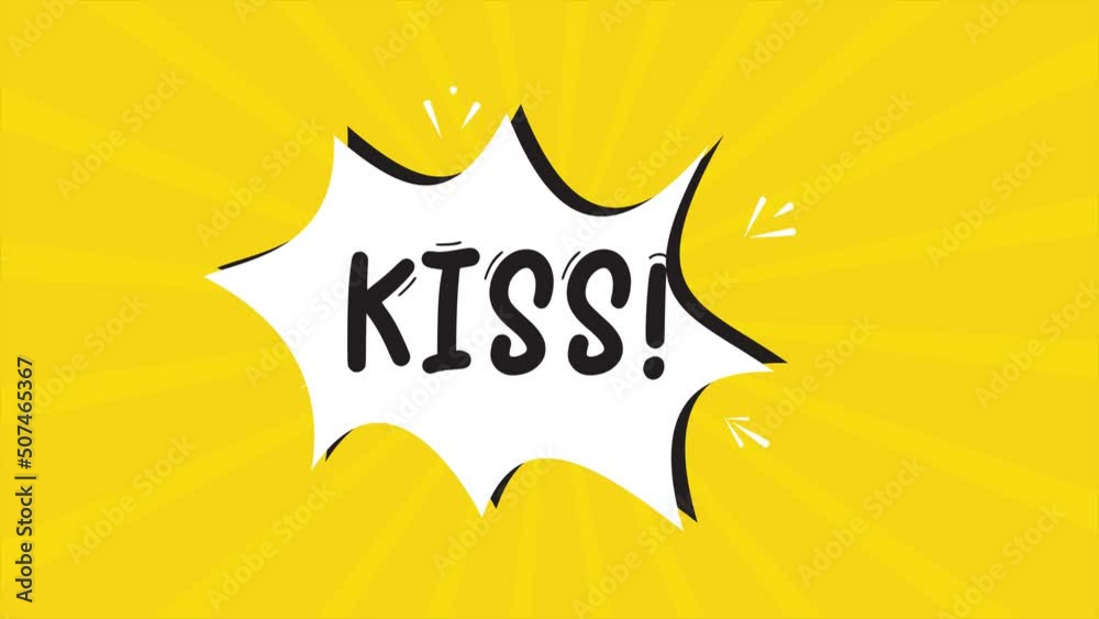 A comic strip cartoon animation, with the word Kiss appearing. Yellow ...
