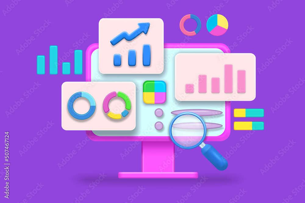 3d Render Graphs and data analysis with charts. Finance chart dashboard ...