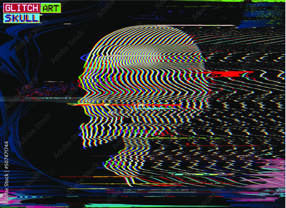 Vector glitch art digital illustration of side view screaming skull in ...