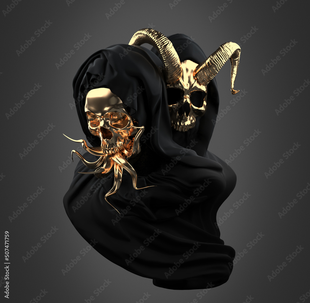 Concept illustration 3D rendering of 2 veiled dark black scary death ...