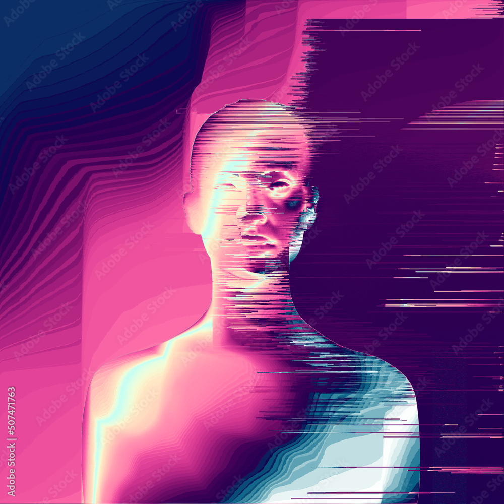 Abstract Glitch Art illustration from 3D rendering in corrupted CRT TV ...