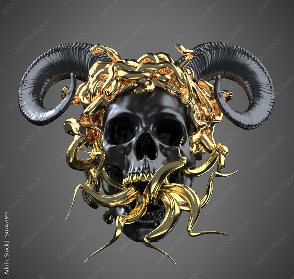 Concept illustration 3D rendering of screaming black skull with goat ...