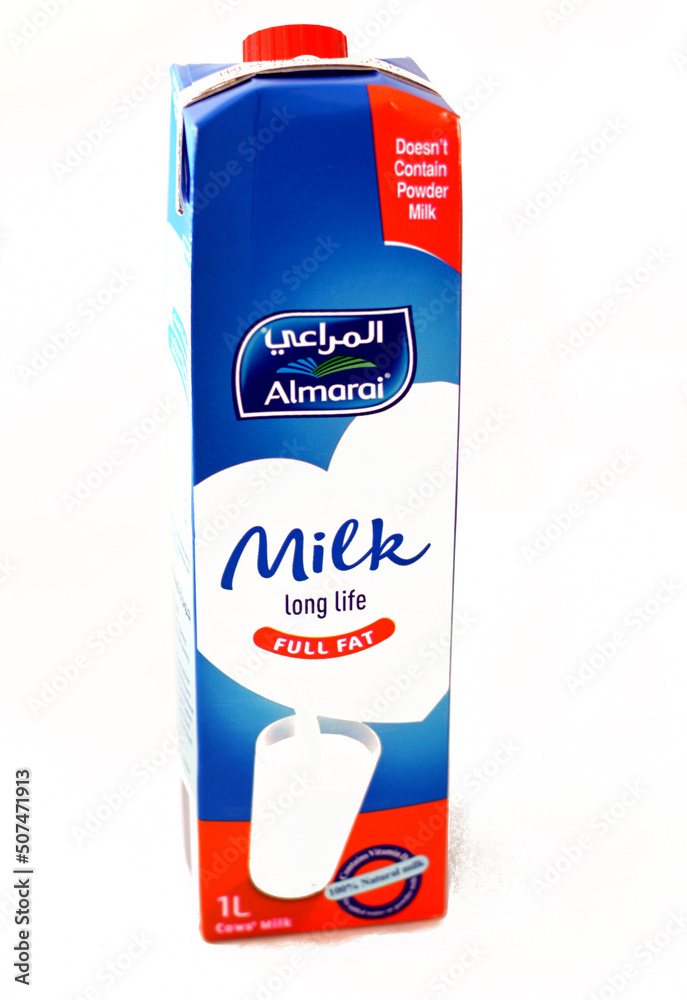 Cairo, Egypt, May 27 2022: Almarai full fat creamy fresh cow's milk of ...