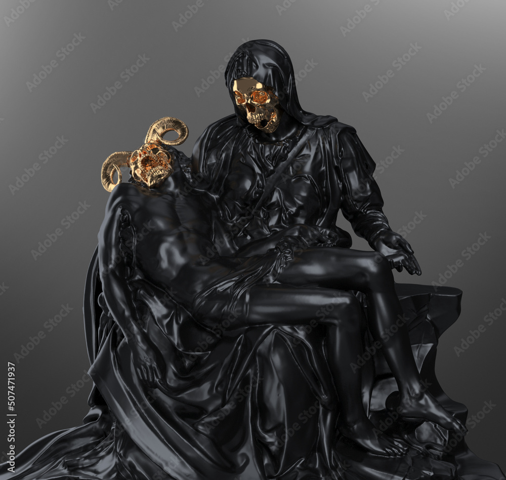Concept illustration 3D rendering of classical Pieta black sculpture of ...